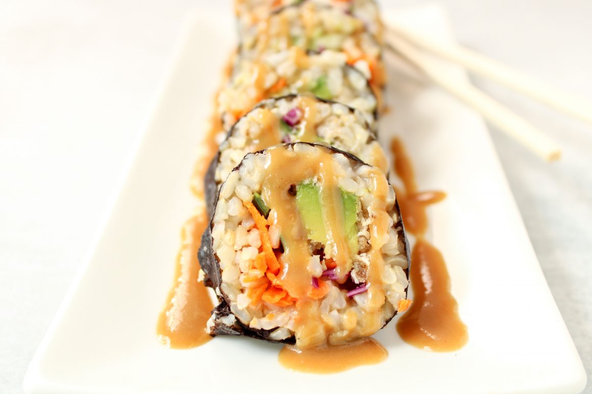 Panko baked avocado sushi rolls with a sweet tahini sauce - Plant Based ...