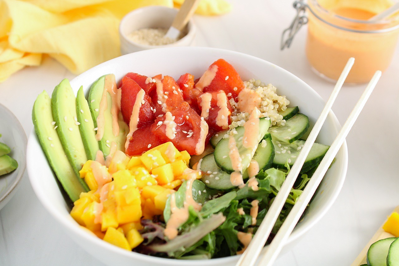 Quinoa Poke Bowl with Tomato Tuna - Plant Based Jess