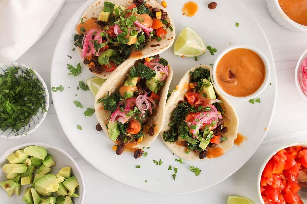 Vegan Black Bean and Kale Tacos with Chipotle Lime Sauce - Plant Based Jess