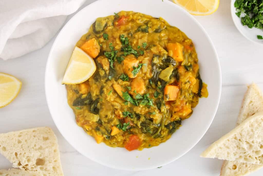 Sweet Potato Red Lentil Dhal with Spinach - Plant Based Jess